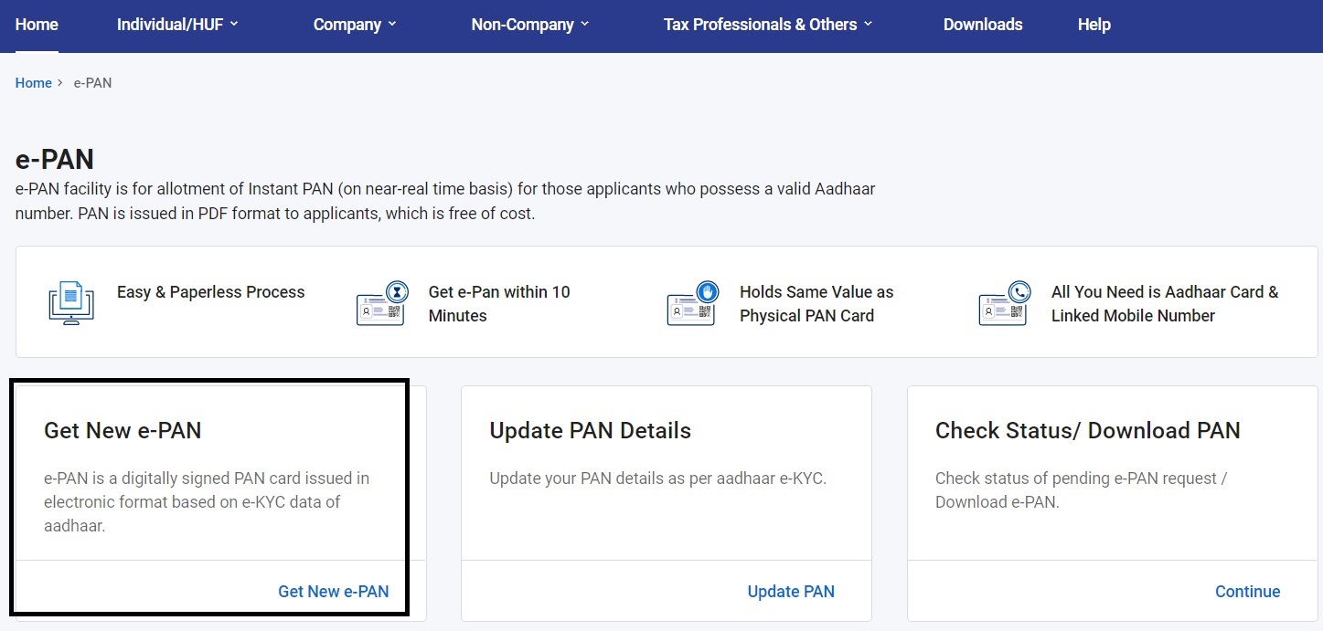 Instant e PAN Card Apply Online, Status, Verify/Download e-PAN